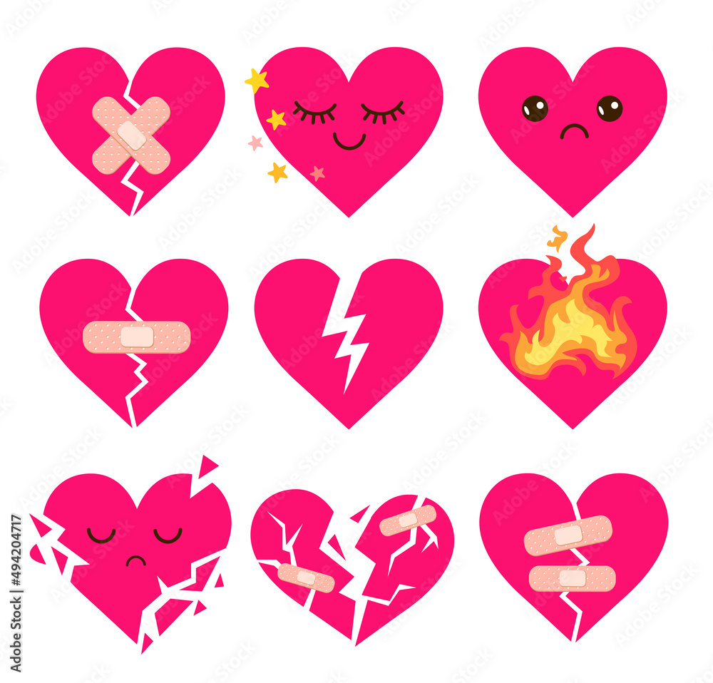 Cute heart cartoon character flat vector illustrations set. Sad, happy ...