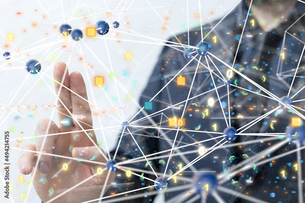 Global network. Blockchain. 3D illustration. Neural networks and ...