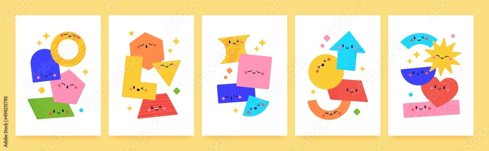 Cute geometric shapes posters for kids, colorful basic geometry figures ...