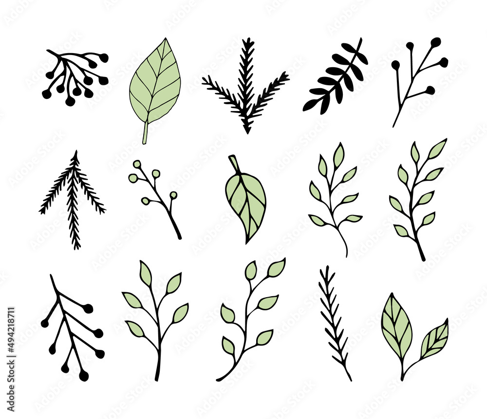 Vector set of green hand drawn sketch doodle leaves isolated on white ...