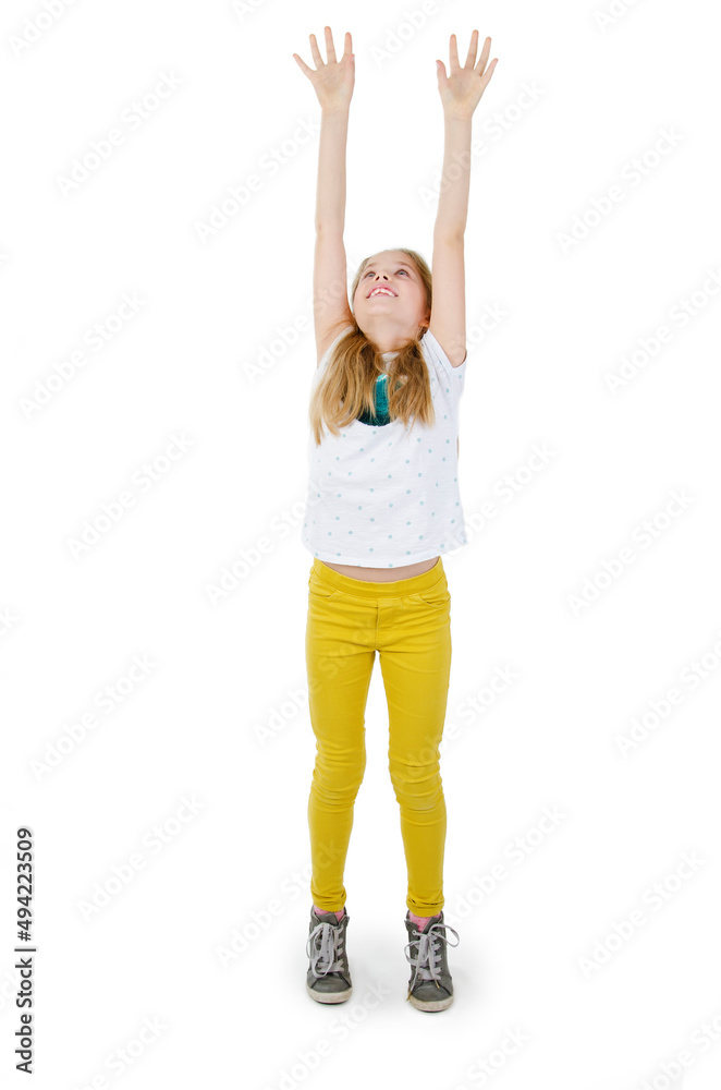 Cute girl trying to catch something, isolated on white background Stock ...