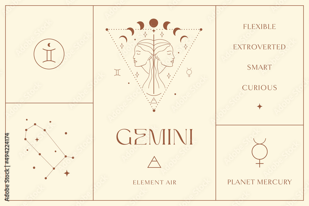 Gemini Zodiac Sign Design Illustrations. Esoteric Vector Element, Icon ...