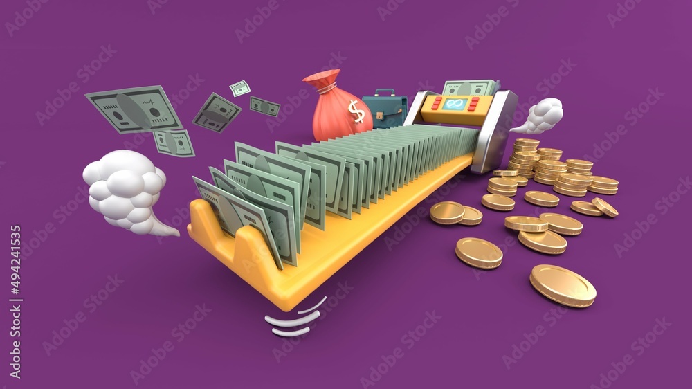 The money counter machine is counting a lot. surrounded by money bags ...