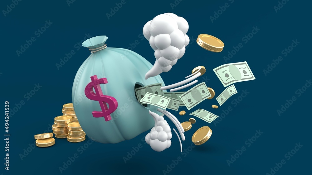 Money bag has leaks. surrounded by coins and banknotes floating on a ...