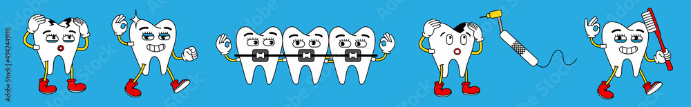 Tooth illustration set. funny cartoon character. The tooth sparkles and ...