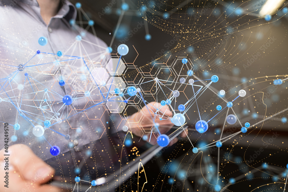 Global network. Blockchain. 3D illustration. Neural networks and ...