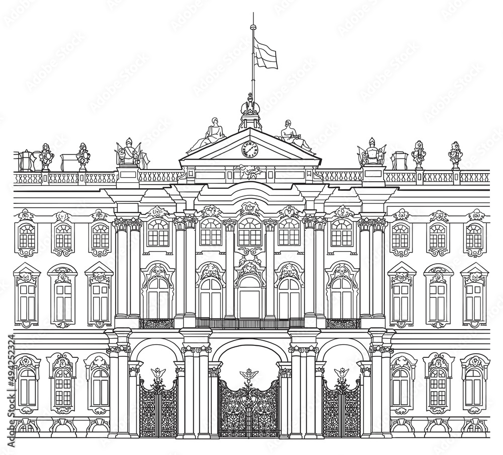Winter Palace and The Hermitage Museum in Saint Petersburg Russia, line ...