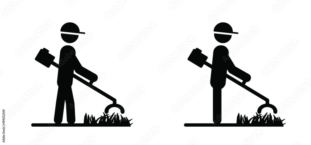 Stickman, stick figure man with lawnmower. Vector icon or pictogram ...