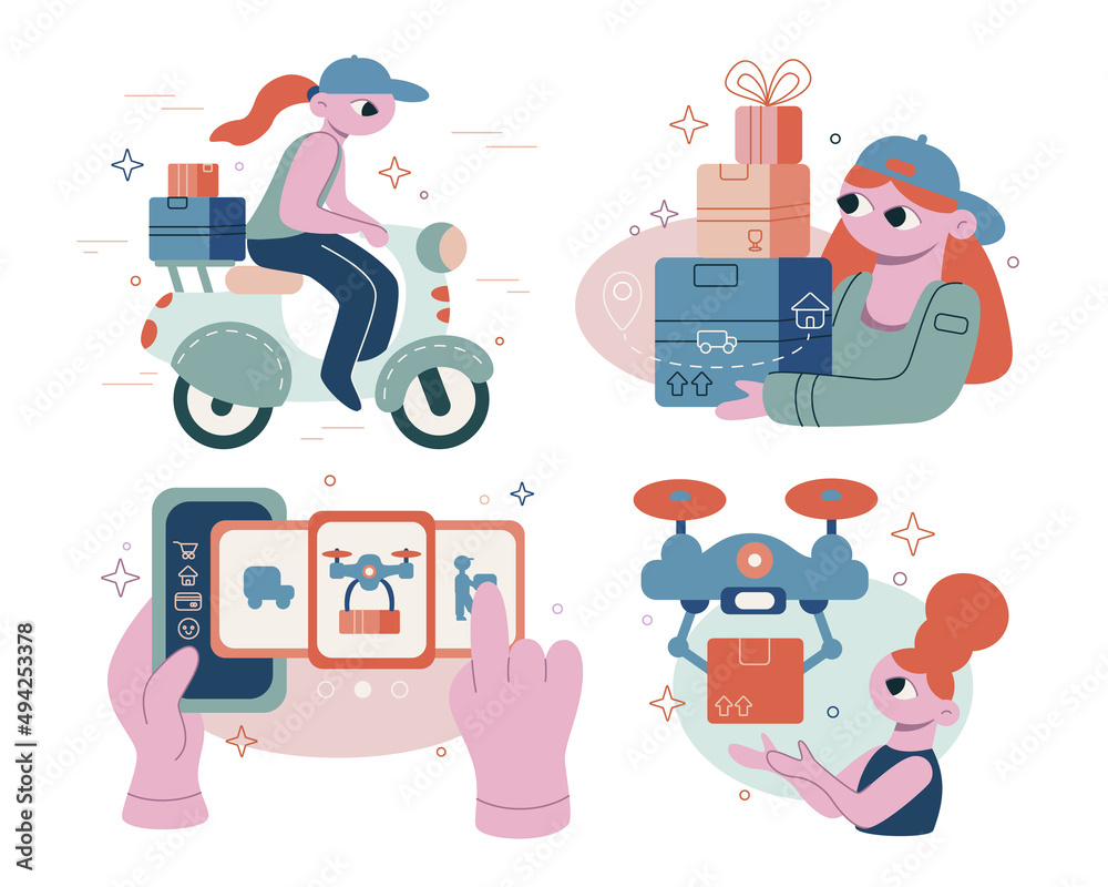Set vector flat cartoon illustrations. Different types of home delivery ...