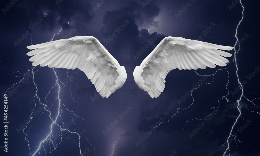 Angel wings with background made of sky and lightning Stock Photo ...