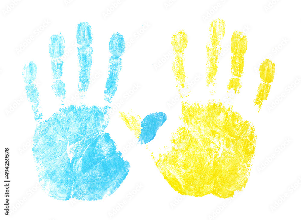 Ukraine flag color. Stop the war background. Open hand paint imprint ...