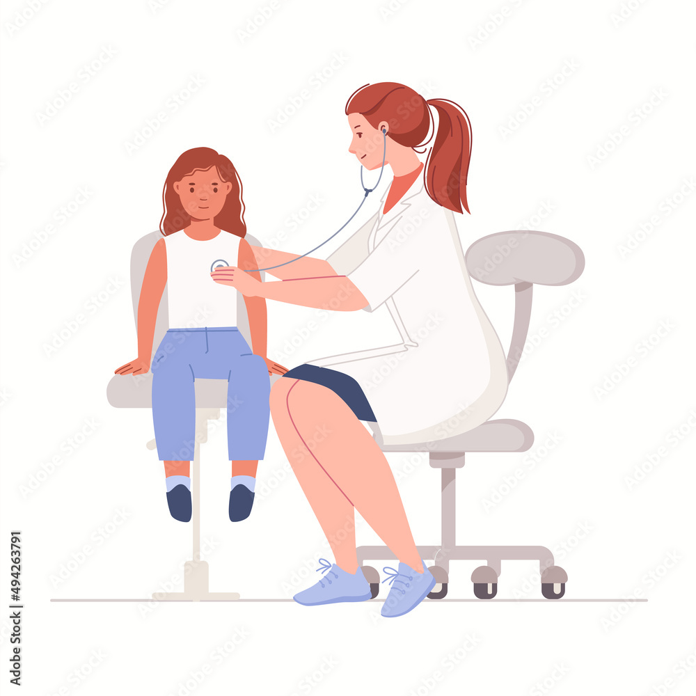 Pediatrician during reception of small patient. Young friendly doctor ...