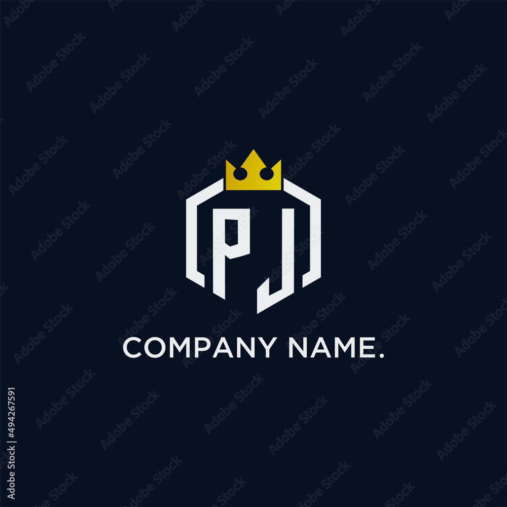 PJ initial monogram logo design for hexagon style & crown elegant image ...