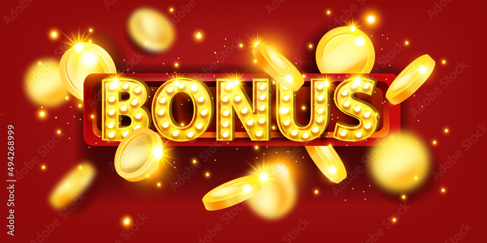 Casino bonus banner, golden flying coin, light bulbs, vector red ...