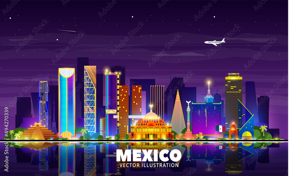 Mexico night city skyline on a white background. Flat vector ...