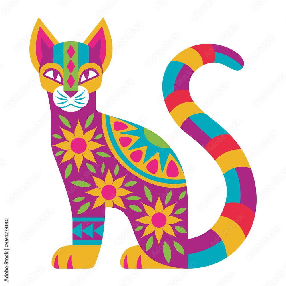 Isolated Colored Cat Alebrije Mexican Traditional Cartoon Vector