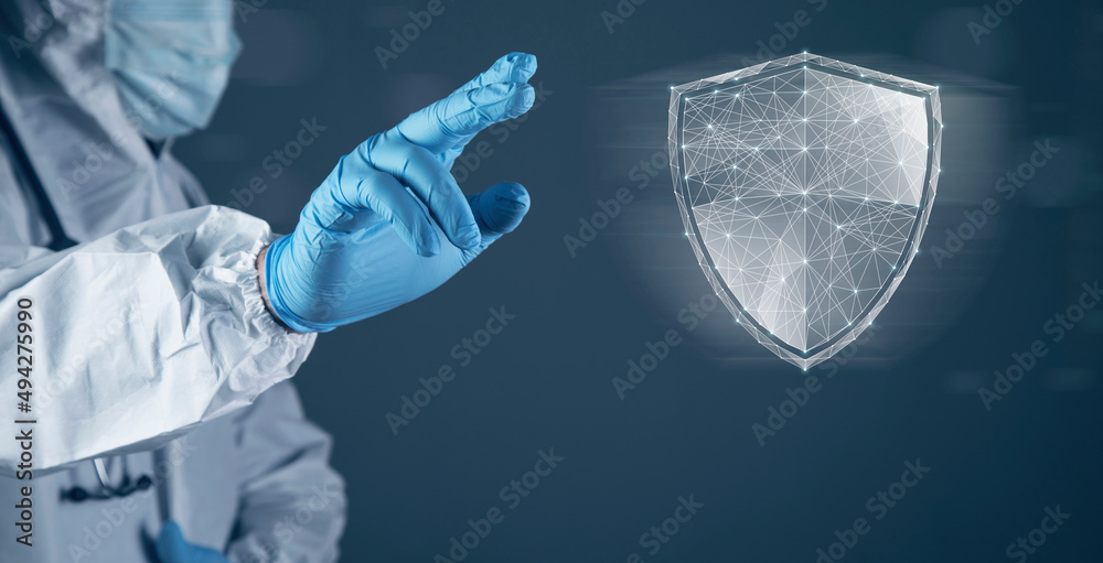 virtual shield from the network. cyber security concept. doctor clicks ...