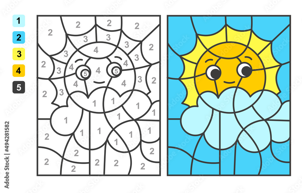 Color by numbers sun and thundes. Puzzle game for children education ...