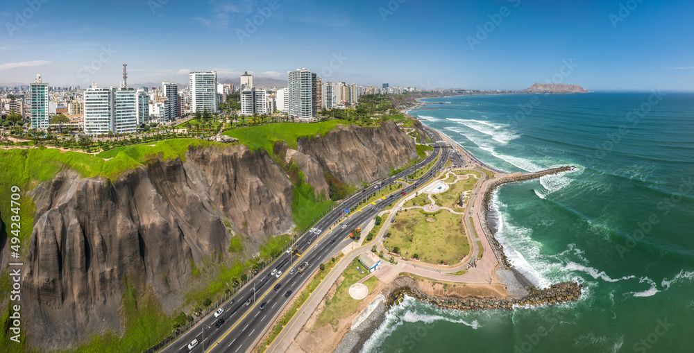 LIMA, PERU: Aerial view of Miraflores town, cliff and the Costa Verde ...