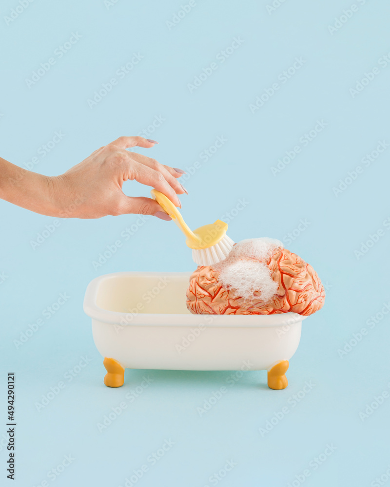 Young female hand brushing a human brain in a tub with foam, on ...