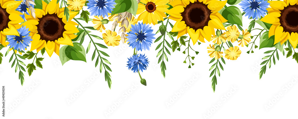 Horizontal seamless border with hanging blue and yellow sunflowers ...