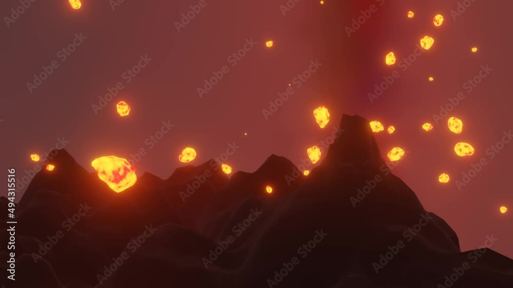 Volcanic landscape at night. The eruption of the volcano, hot stones ...