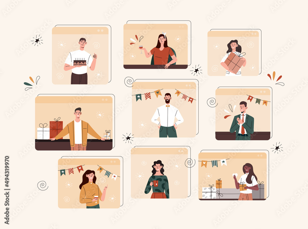 Celebrating online concept. Collection of different browser windows ...