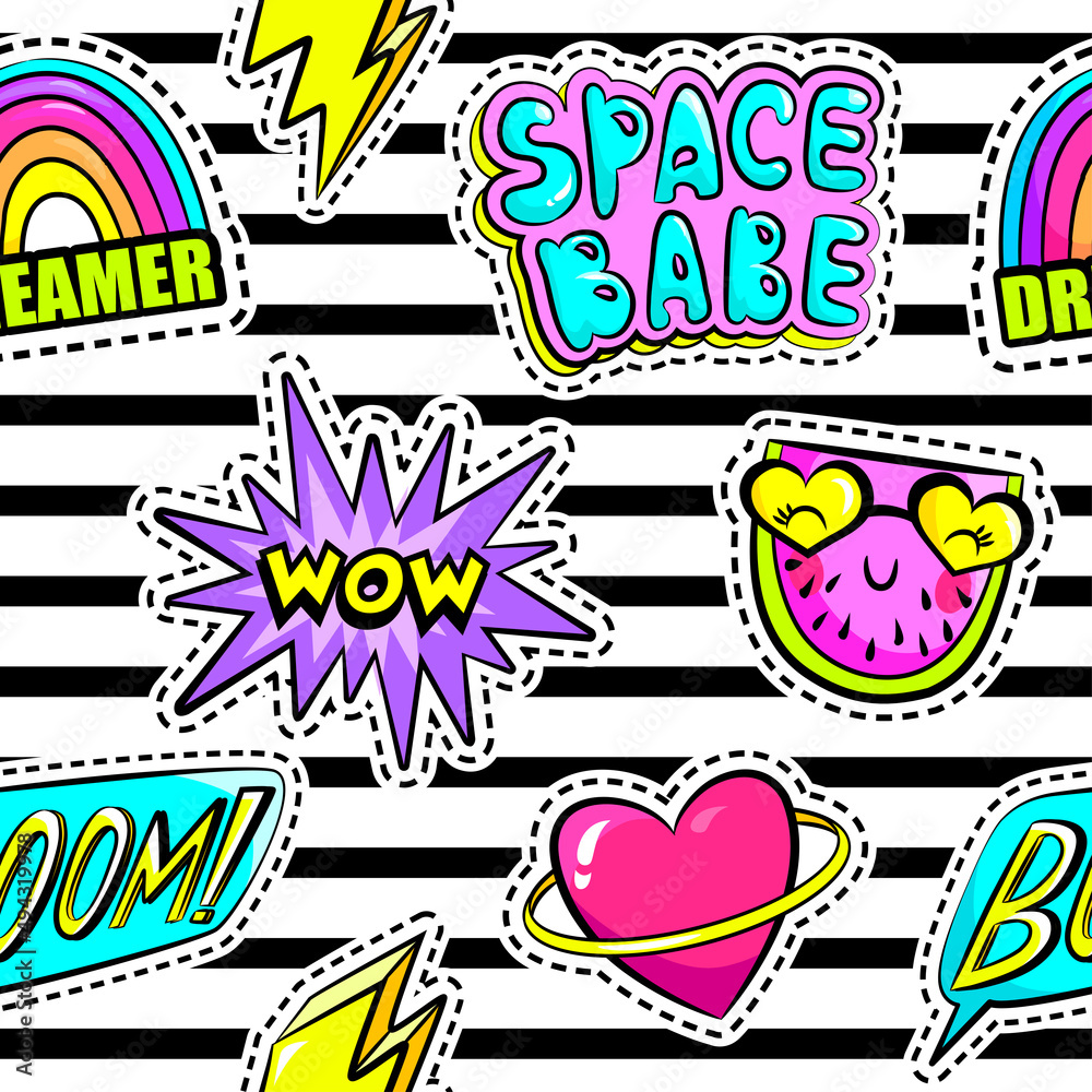 Fashion patch badges in sketch comics style. Abstract seamless pattern ...