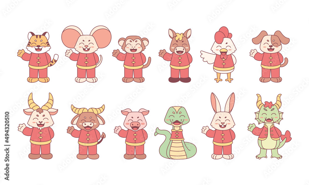 Set of different animal cartoons with traditional clothes Chinese ...