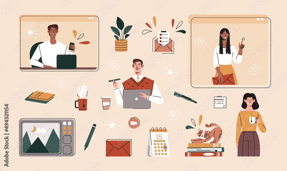 Set of remote work. Collection of elements for creating pictures with ...