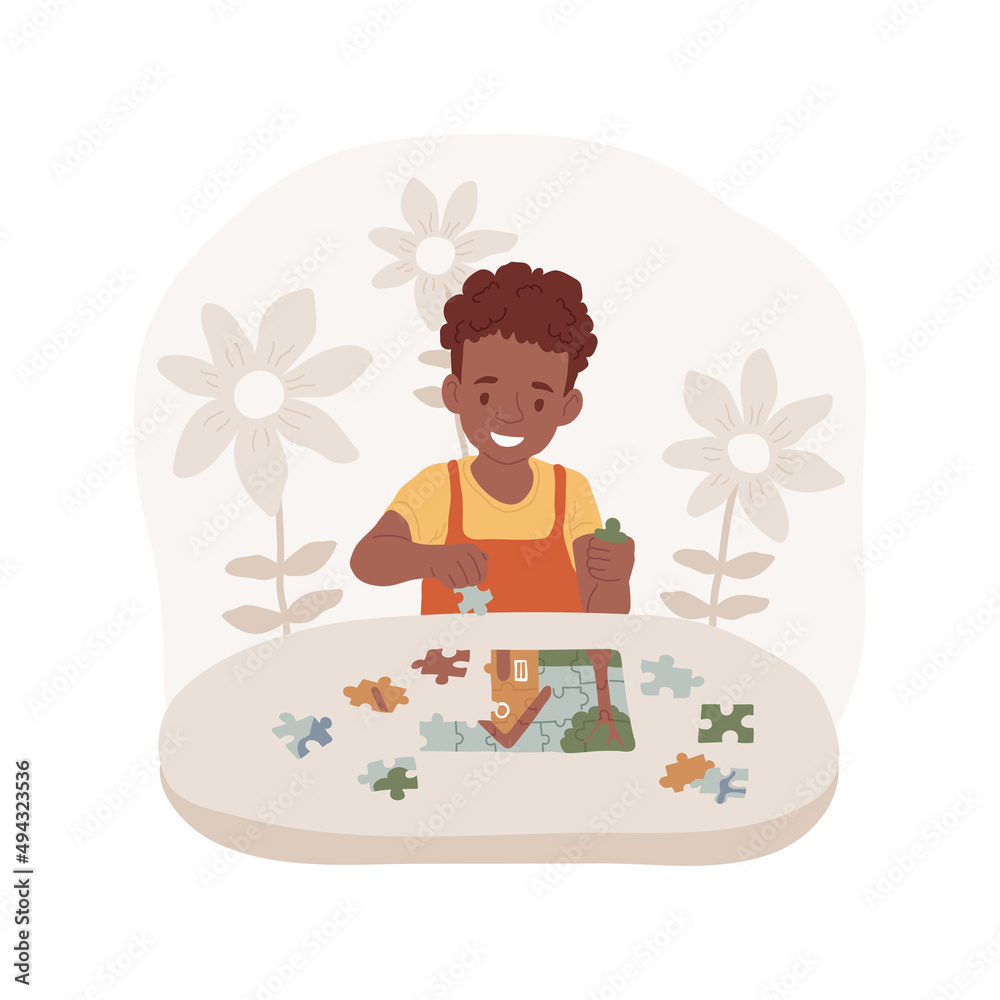 Solving puzzles isolated cartoon vector illustration. Toddler does ...