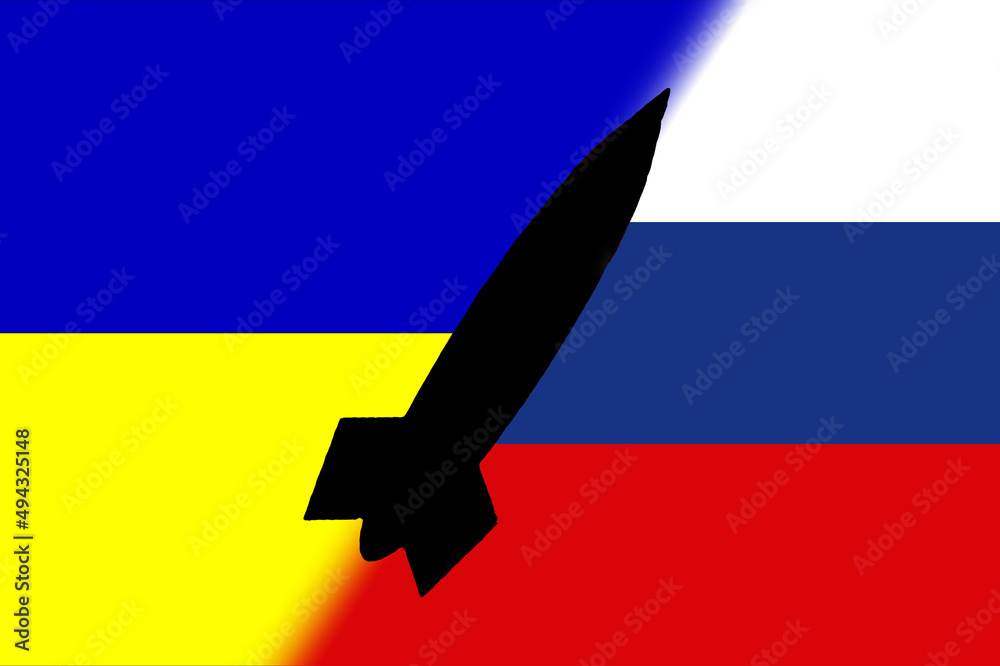 Ukraine. Russia. Nuclear weapons. Russia flag and Ukrainian flag with ...