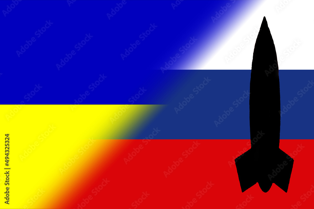 Ukraine. Russia. Nuclear weapons. Russia flag and Ukrainian flag with ...