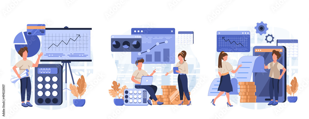 Characters manage finances. People calculating and analyzing personal ...