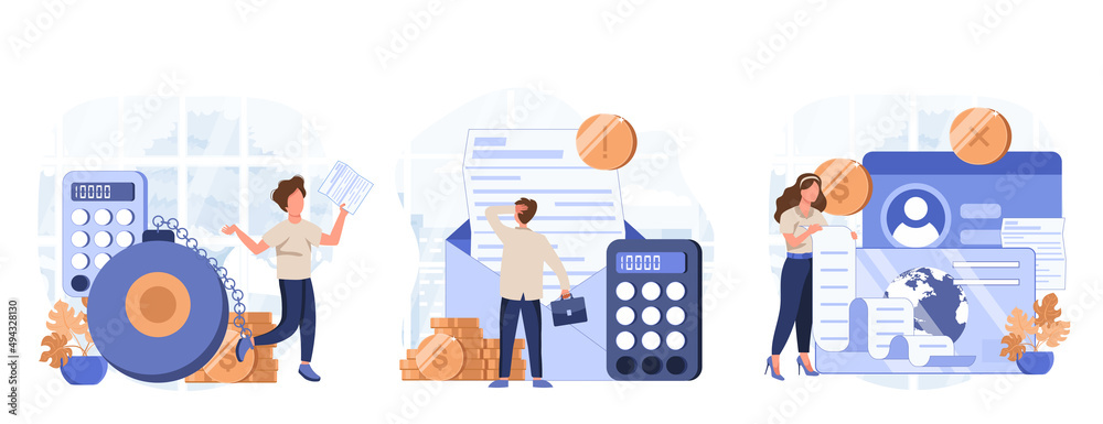 Characters having financial problems, debts and loans. People holding ...