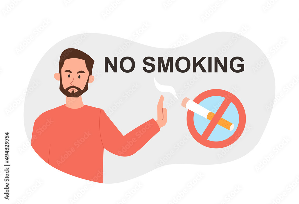 No smoking concept. Man refuses cigarettes, fight against bad habits ...