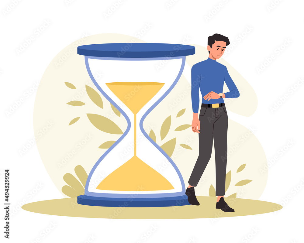 Man looks at clock. Time running out, management. Responsible employee ...