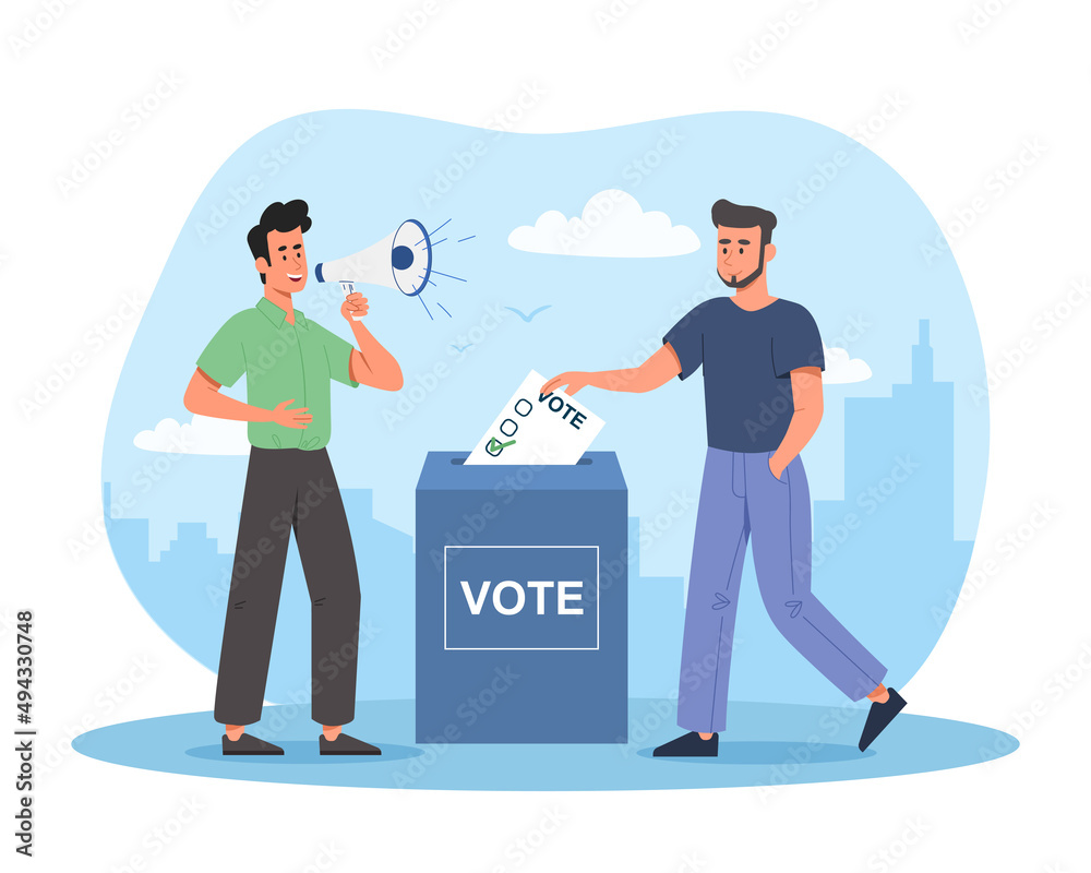 Concept of elections. Man with loudspeaker encourages residents to vote ...