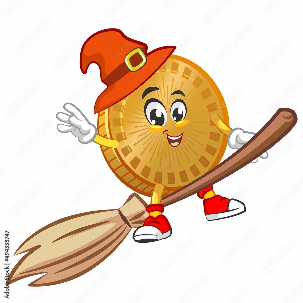 vector cartoon illustration of cute coin mascot being witch flying with ...