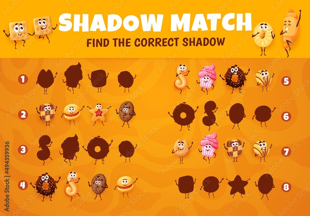 Cartoon cookies, desserts and bakery characters on shadow match game ...