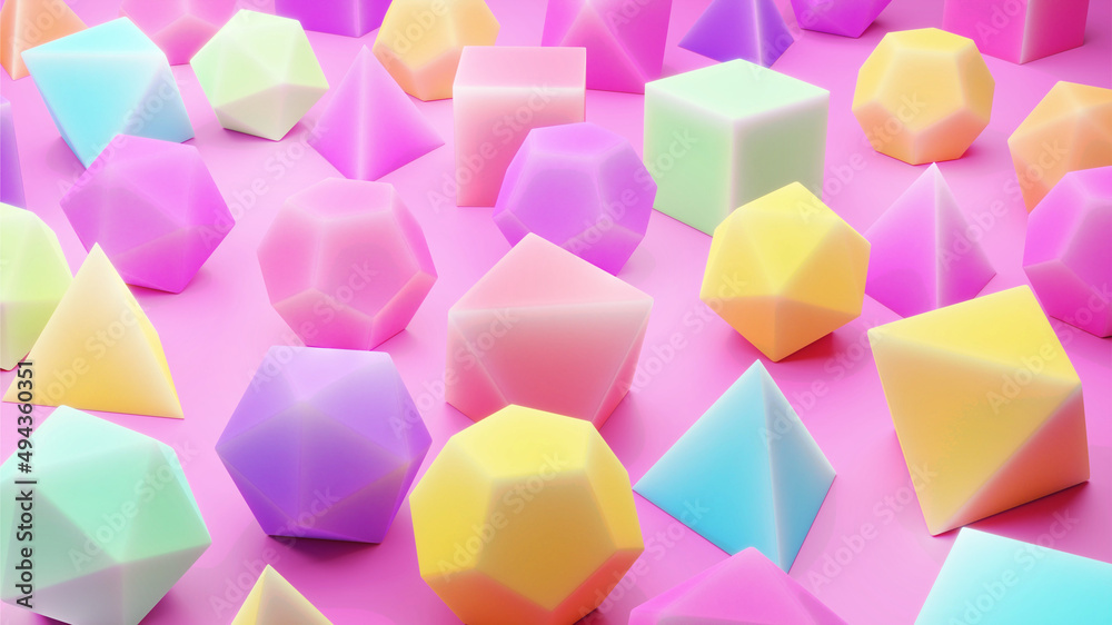 collection of Platonic solids in soft pastel colours on a pink ...