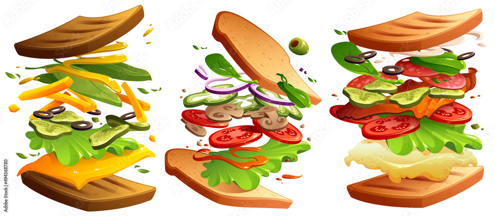 Sandwiches with bread, cheese, lettuce, ham and vegetable slices ...