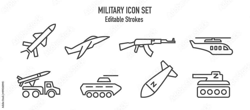 Military army icon set. War design elements, Outline style black ...