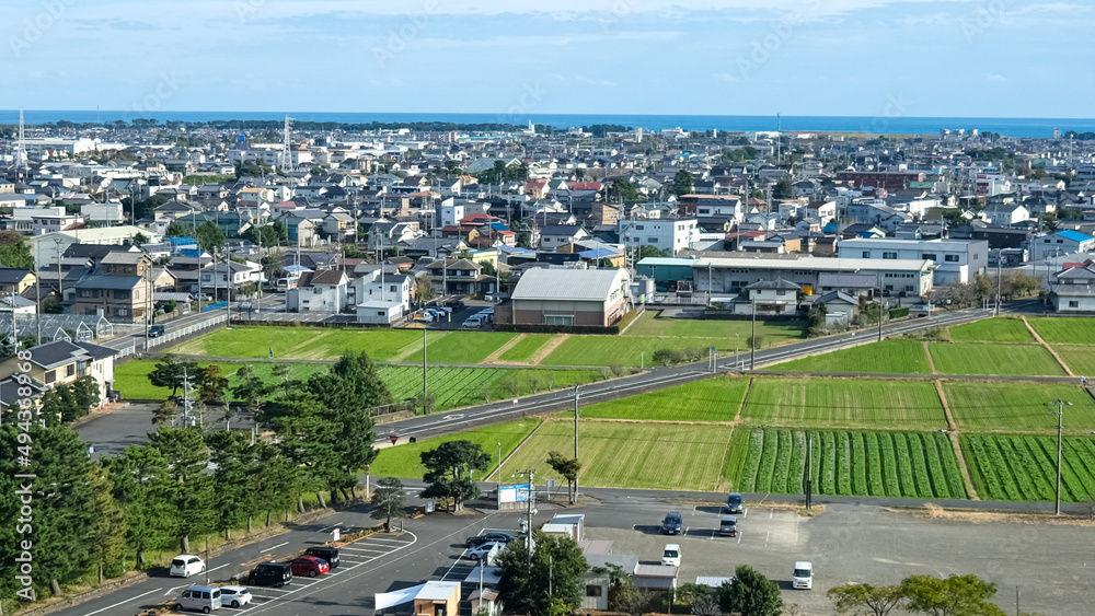 Scenery of Yoshida city, taken from Koyama castle, with blue sky ...