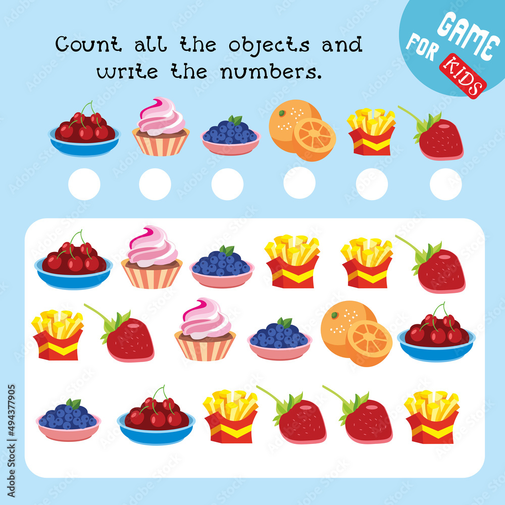 How many objects do you see here. Count and write numbers. Game for ...