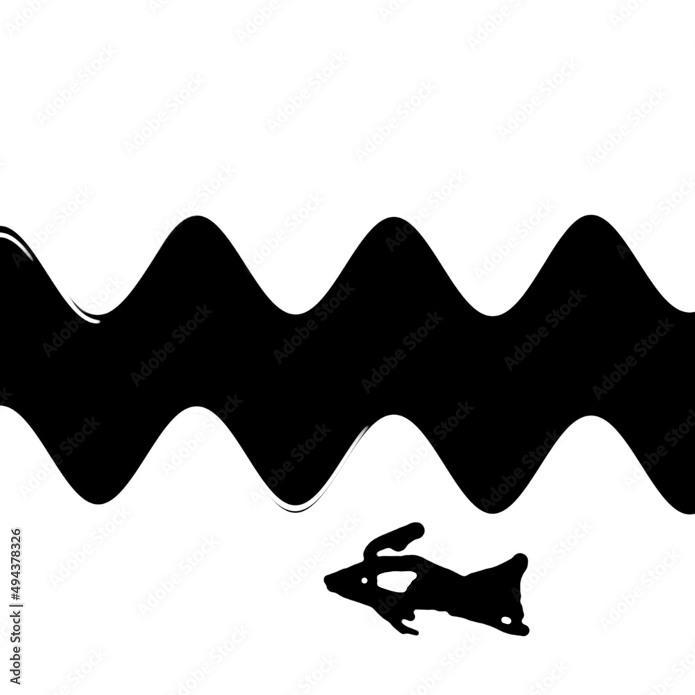 Cute fish swimming in waves stylised image sketch hand drawn graphic ...