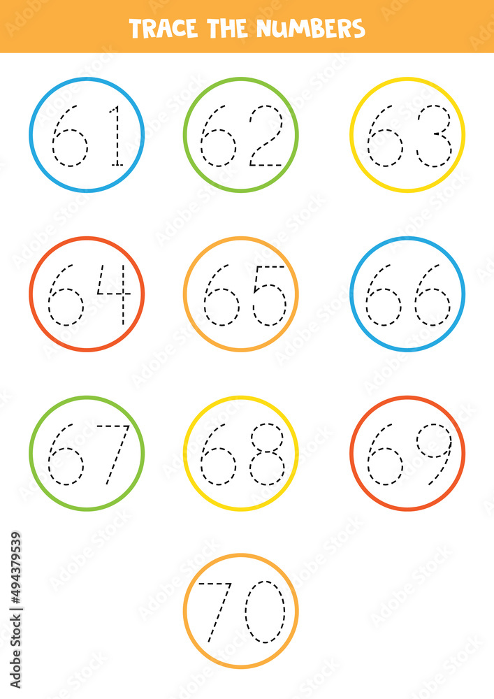 Tracing numbers from 61 to 70. Writing practice for kids. Stock Vector ...