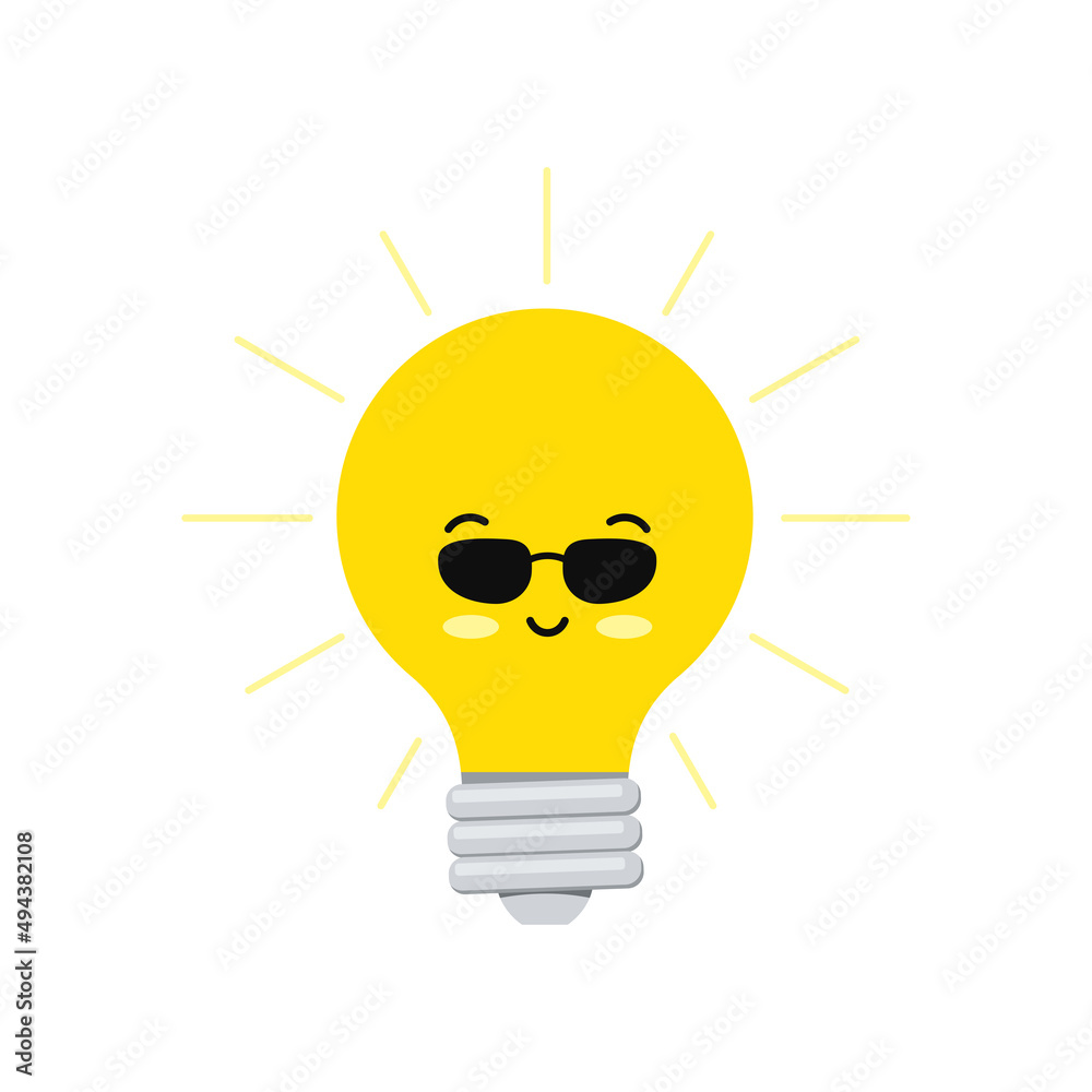 Cute light bulb smile in sunglasses cool funny cartoon vector character ...