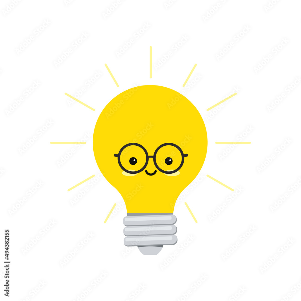 Cute light bulb in eyeglasses clever funny cartoon vector character ...