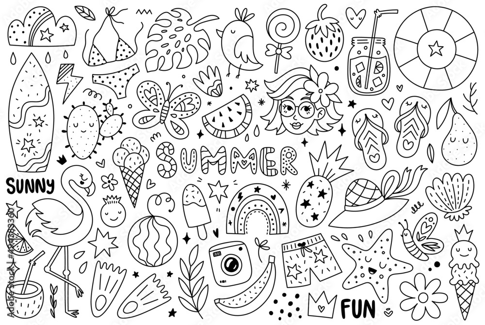 Summer doodles clipart set, vector season funny elements Stock Vector ...